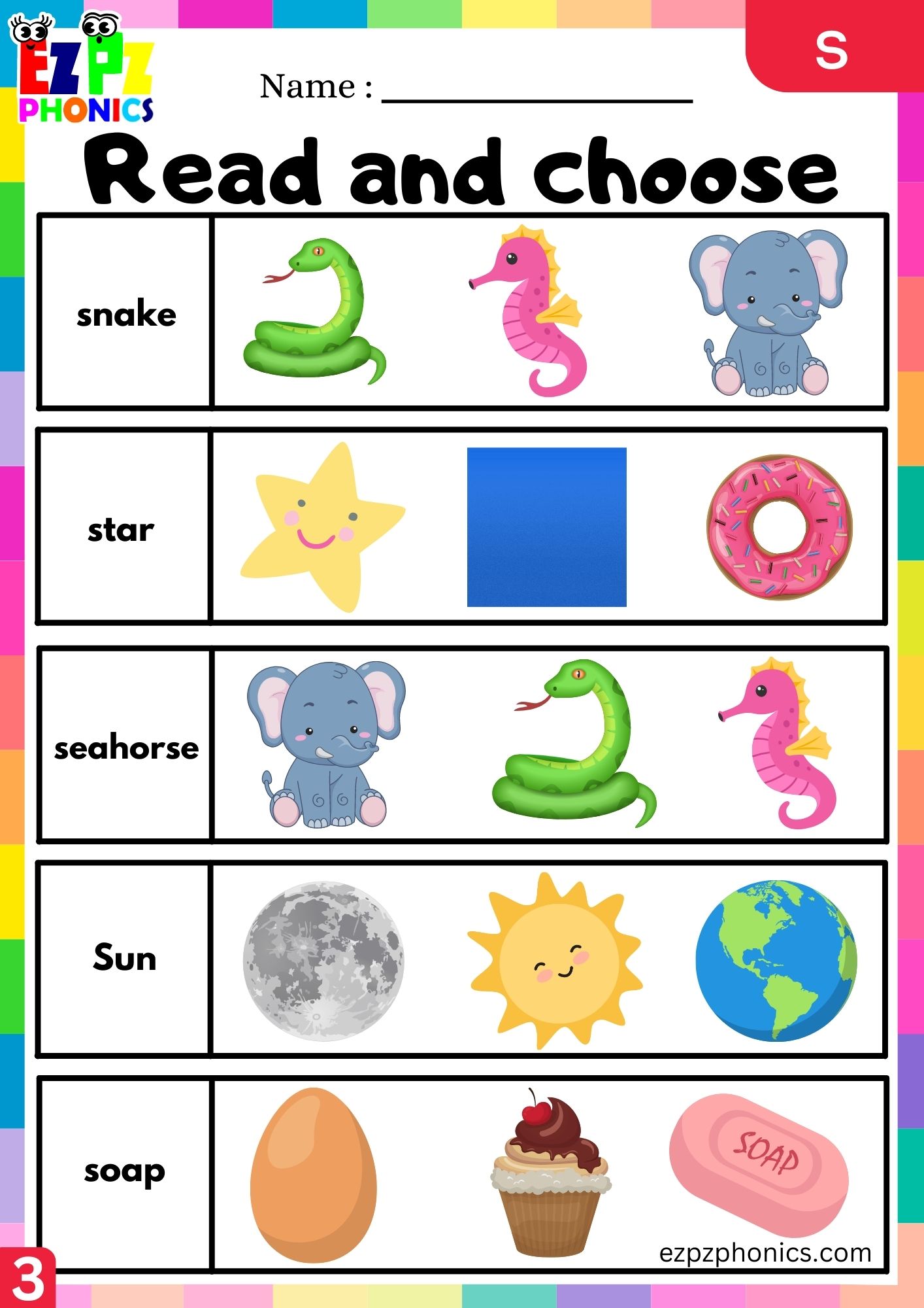 Letter s Read and Choose the Correct Images Group 3 - ezpzphonics.com